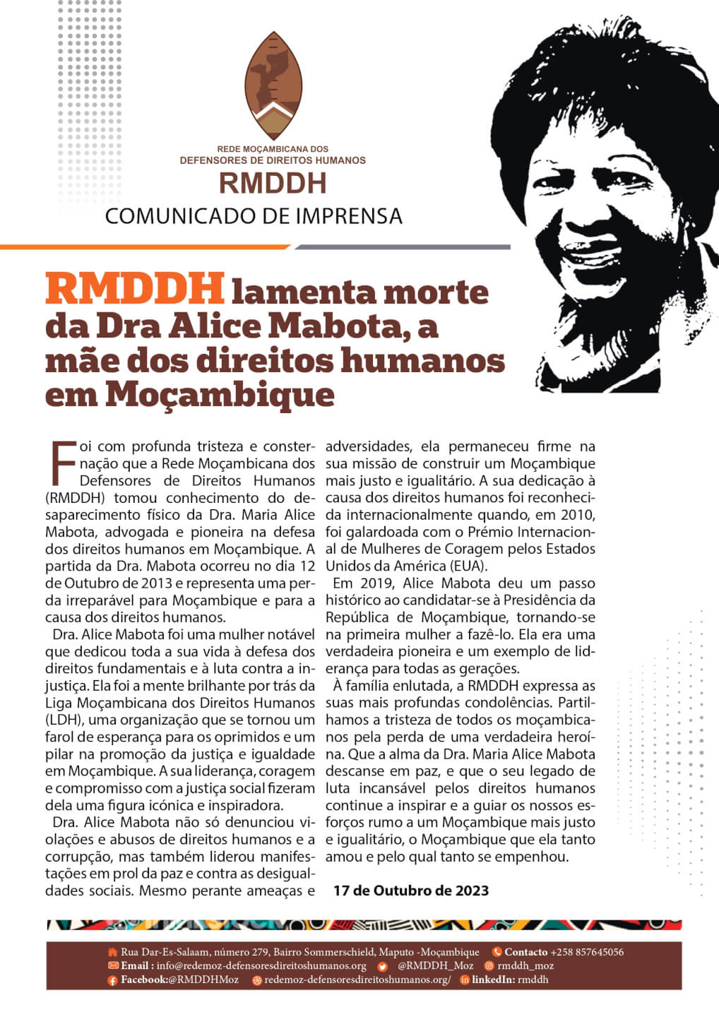 Trauer um Dr. Alice Mabota | KoordinierungsKreis Mosambik e.V.